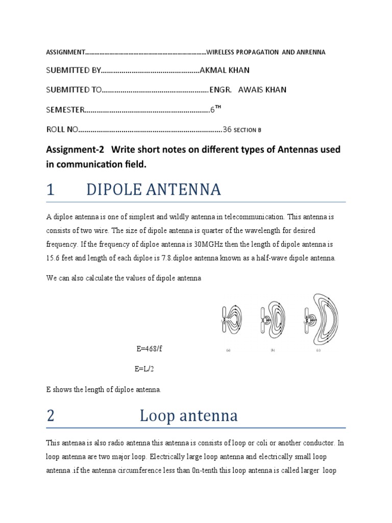 1 Dipole Antenna: Assignment-2 Write Short Notes On Different Types of ...