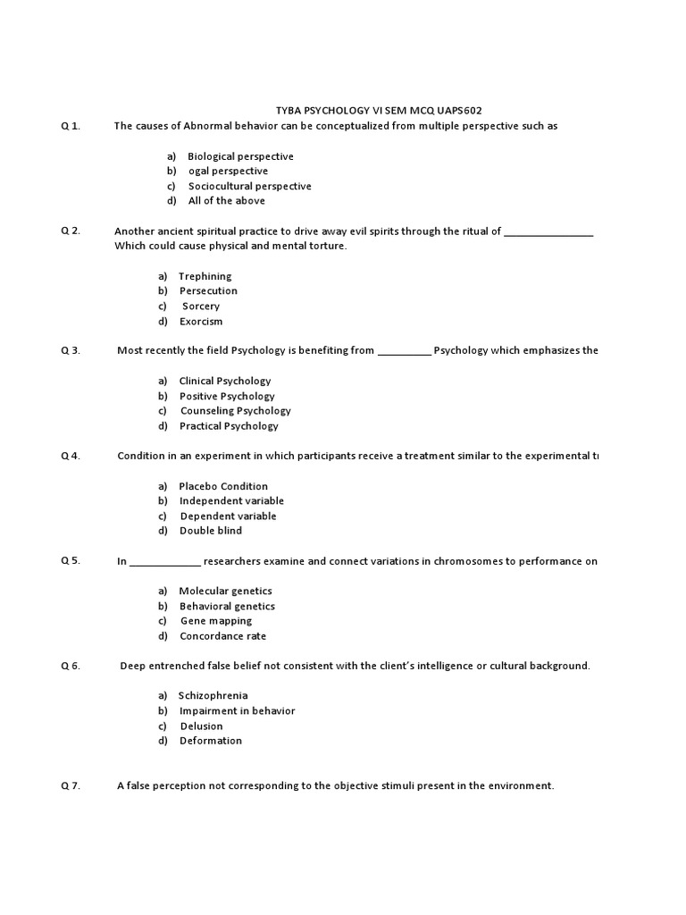MCQ Tyba Abnormal Psychology 2020 | PDF | Mental Disorder | Personality Disorder