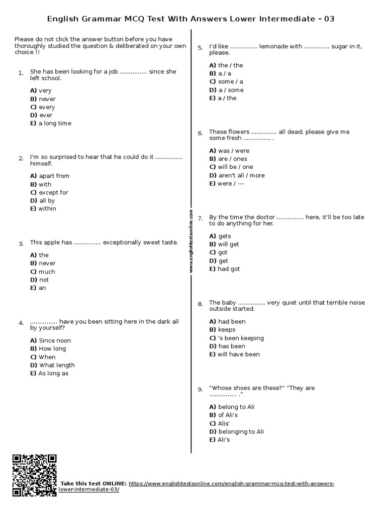 630 - English Grammar MCQ Test With Answers Lower Intermediate 03 | PDF ...