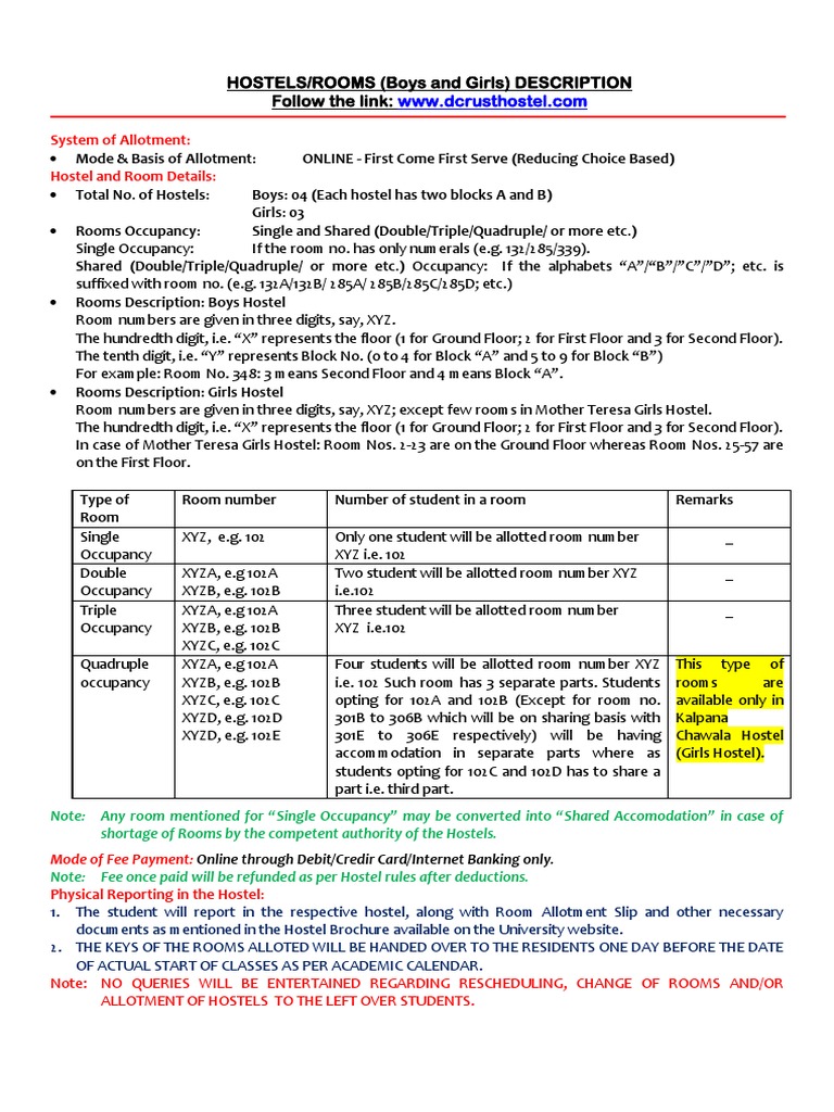 Description of Hostels Rooms and General Information | PDF | Service ...