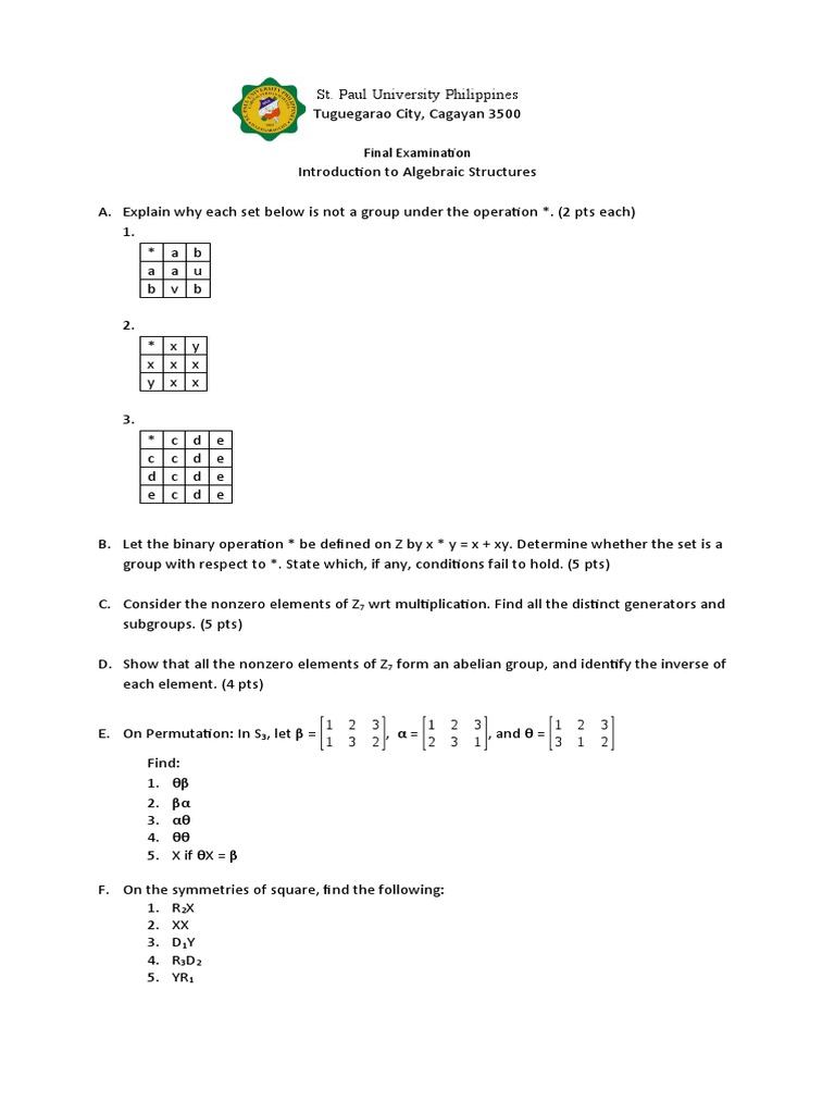 Final Exam | PDF | Ring (Mathematics) | Group (Mathematics)