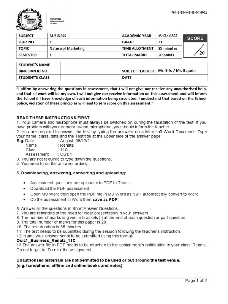 G11 Quiz 1 Term 1 Semester 1 Nature of Marketing (A) | PDF | Microsoft Word | Communication
