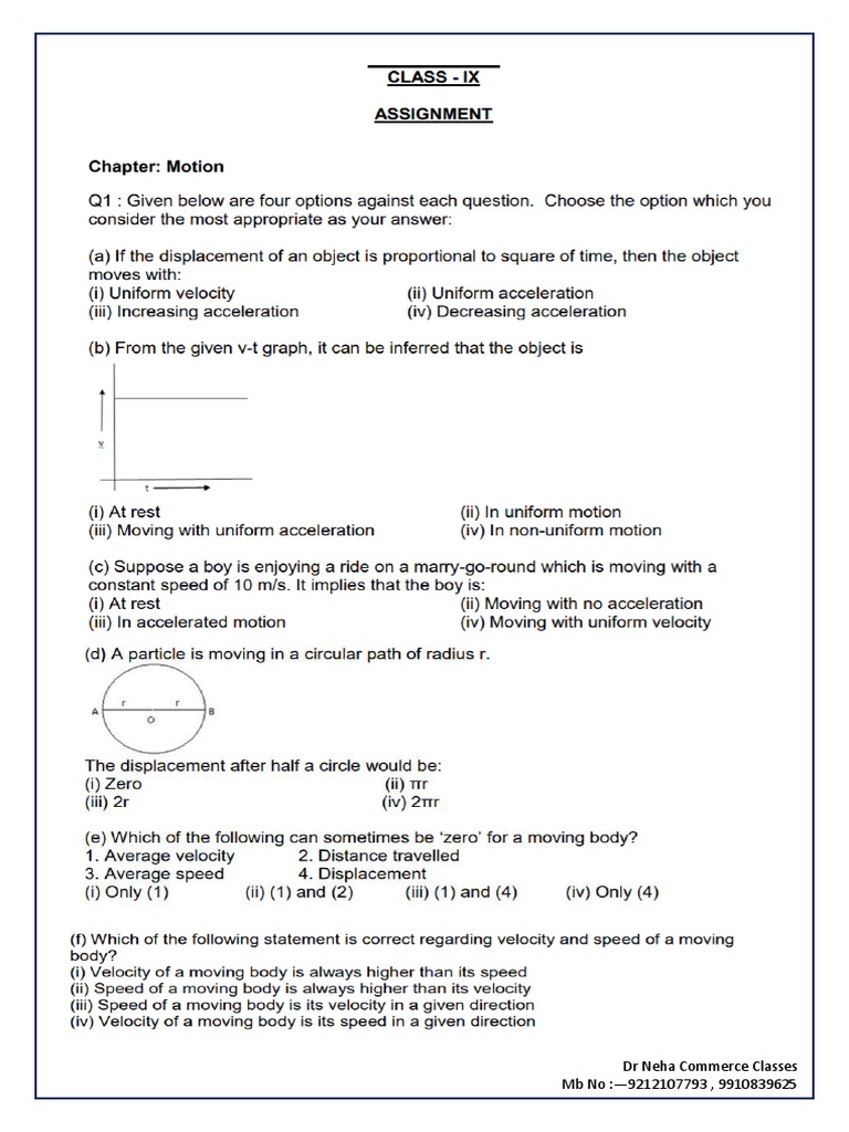 Motion Class 9 Assignment | PDF