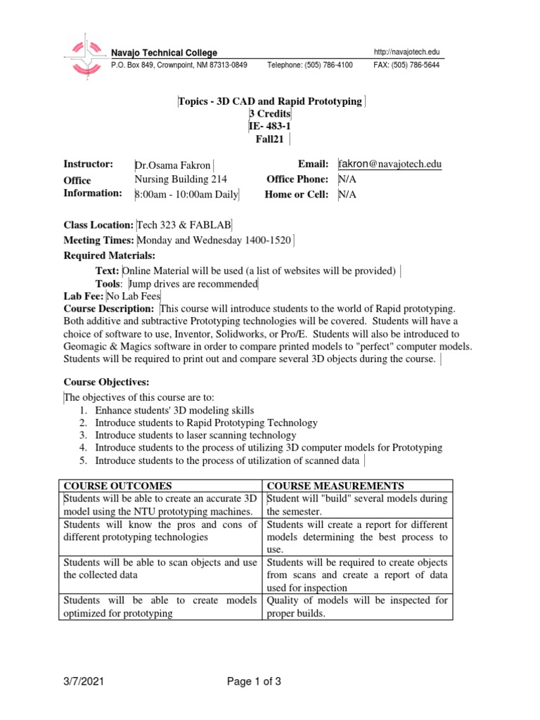 IE 483 Rapid Prottyping Syllabus Fall21 | PDF | Academic Integrity ...
