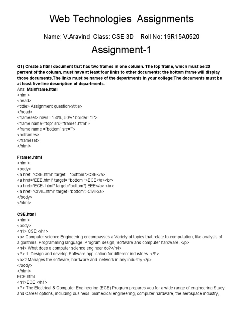 Web Technologies Assignments Assignment-1: Name: V.Aravind Class: CSE 3D Roll No: 19R15A0520 ...