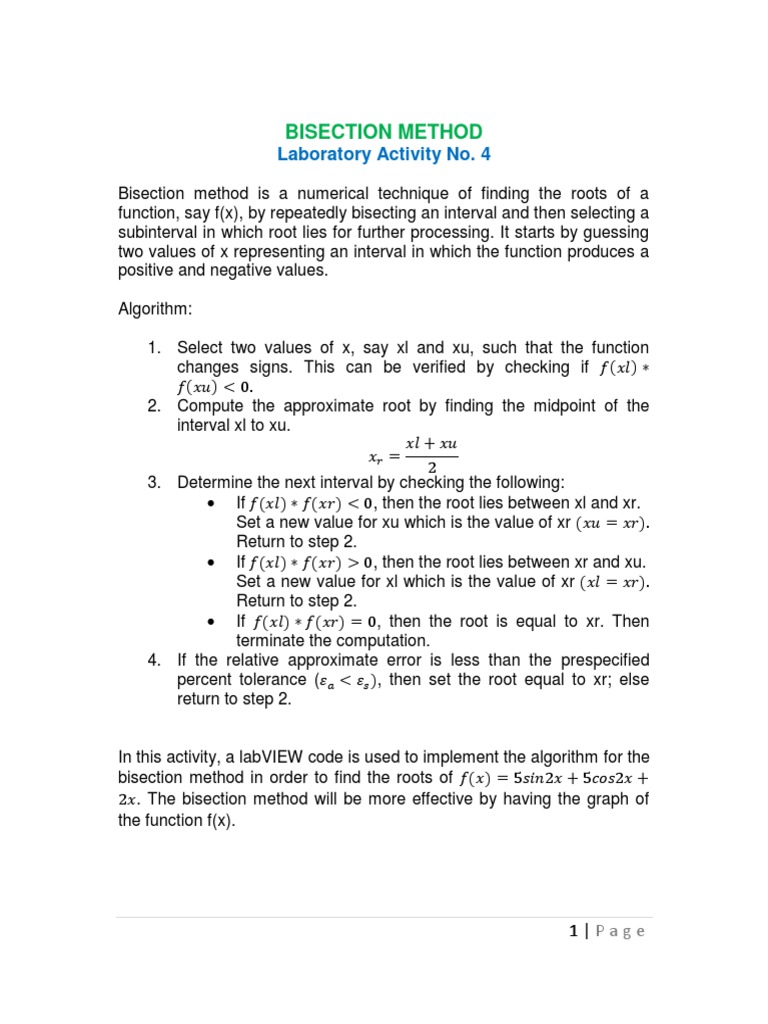 Bisection Method Laboratory Activity No 4 Pdf Algorithms And Data 0649