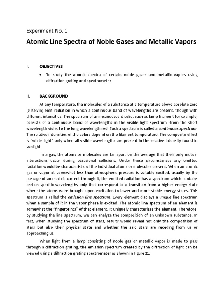 Atomic Line Spectra of Noble Gases and Metallic Vapors: Experiment No ...
