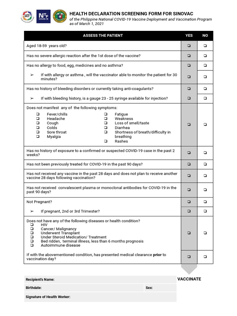 Sinovac (Health Declaration Screening Form) | PDF | Allergy | Vaccines