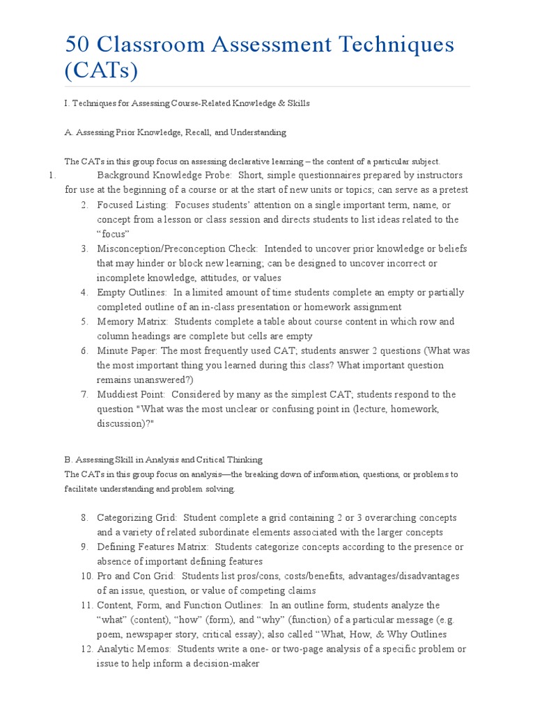 50 Classroom Assessment Techniques | PDF | Learning | Communication