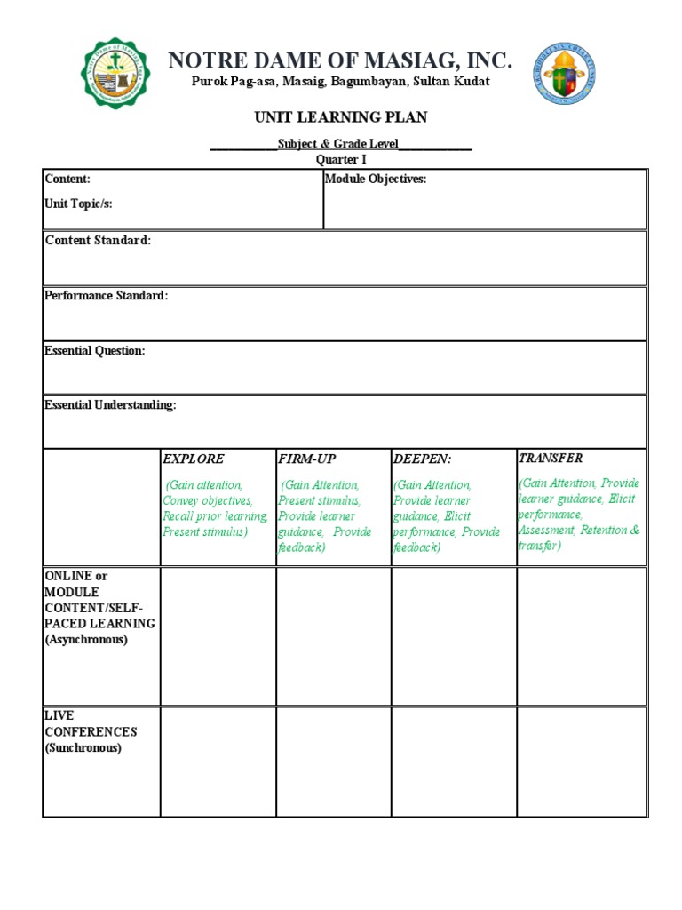 Notre Dame of Masiag, Inc.: Unit Learning Plan | PDF | Learning ...