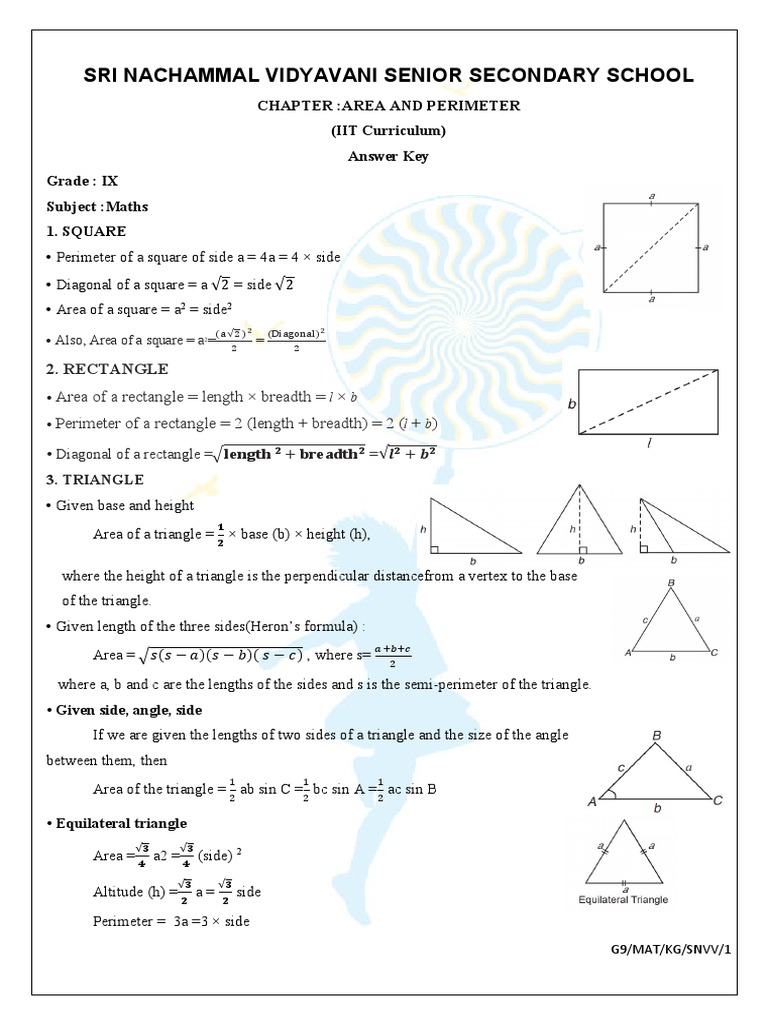 Grade 9 Maths IIT Worksheet Area and Perimeter Answer Key | PDF | Area ...