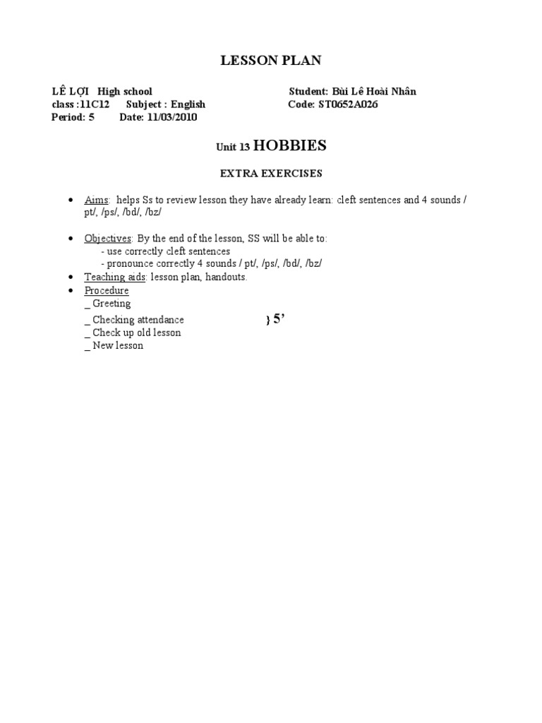 Hobbies: Lesson Plan | PDF | Lesson Plan | Change