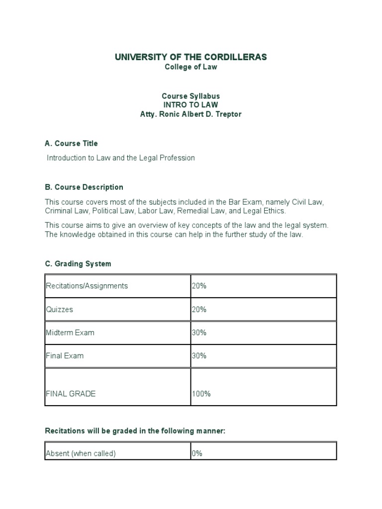 Intro To Law Legal Prof Course Syllabus | PDF | Lecture | Lawyer