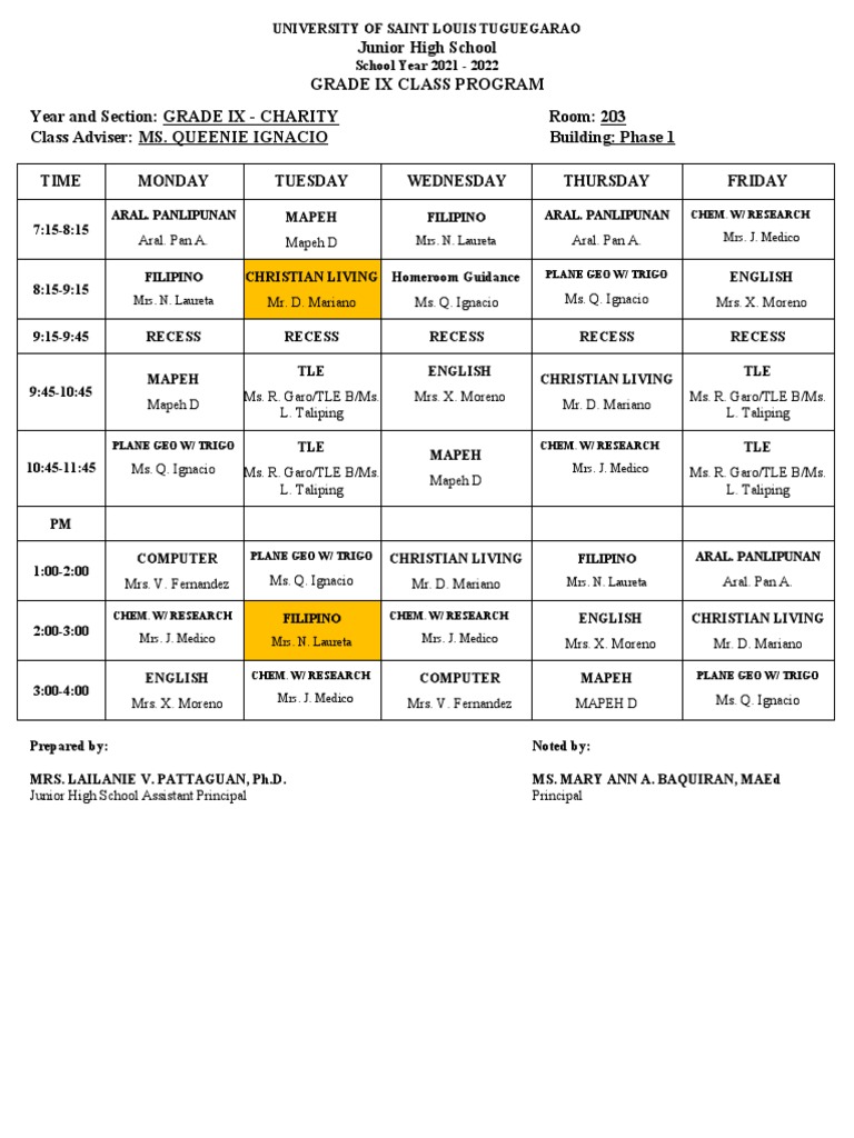 Junior High School Grade Ix Class Program Year and Section: Grade Ix ...