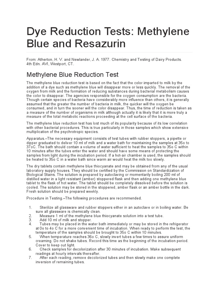 Dye Reduction Tests | PDF | Water | Milk