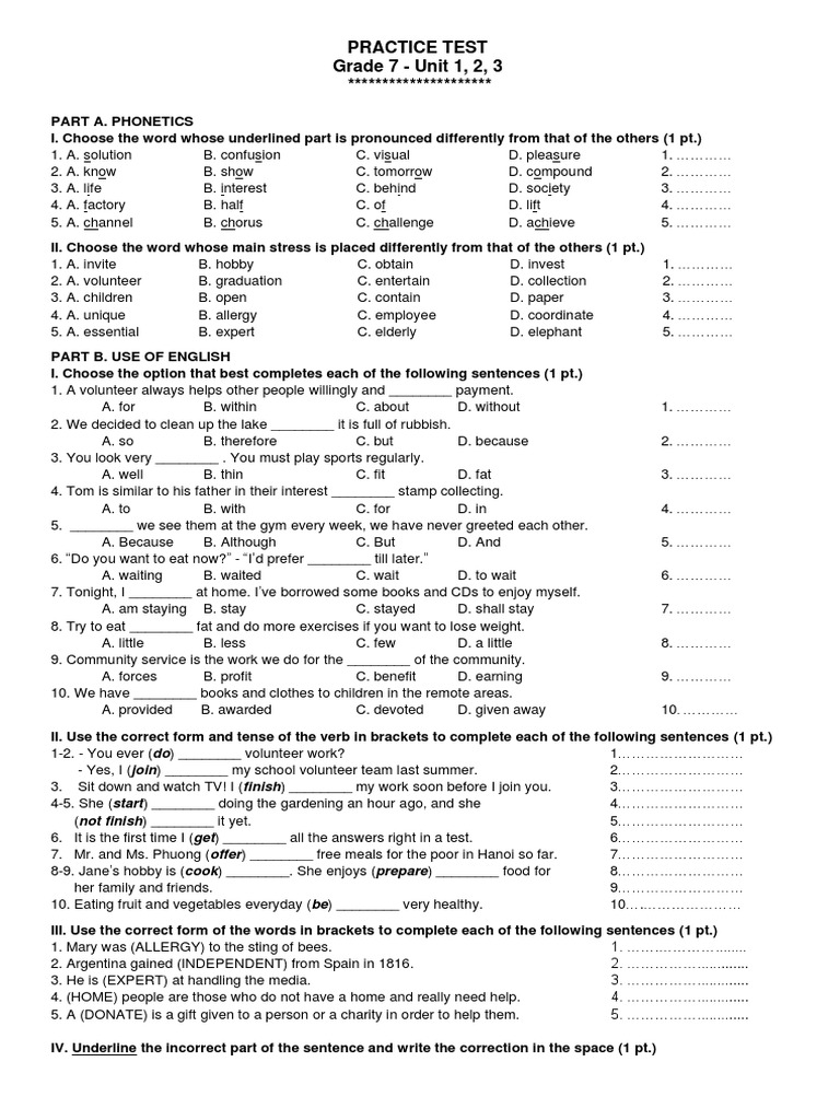 Grade 7 English Practice Test Units 1-3 | PDF | Community