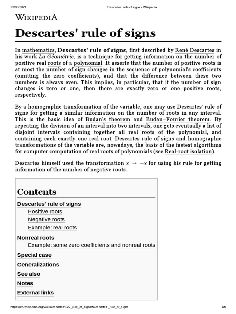 Descartes' Rule of Signs - Wikipedia | PDF | Polynomial | Numerical ...