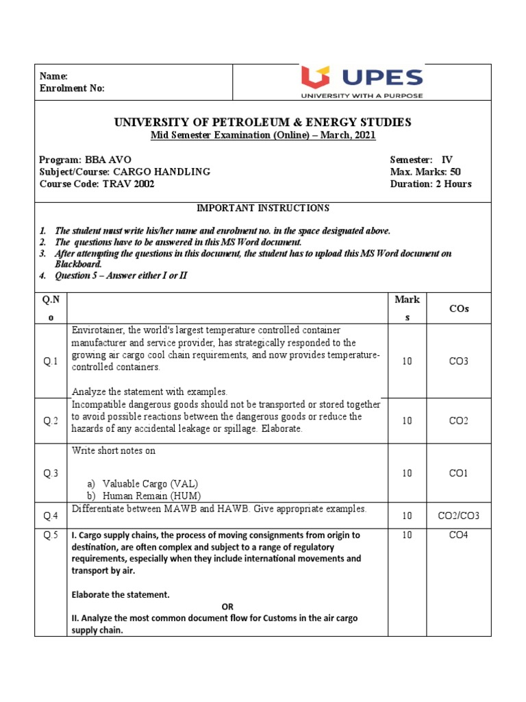 Mid Sem QP Cargo Handling | PDF | Cargo | Business Process