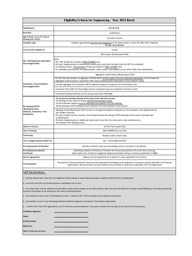 Eligibility Criteria - Self-Declaration Form - Year 2022 - Engineering ...