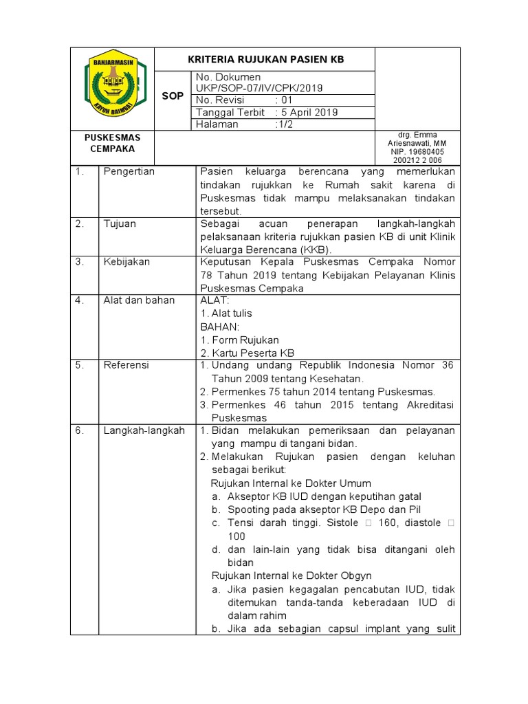 Sop Kriteria Rujukan Pasien KB | PDF | Sains & Matematika