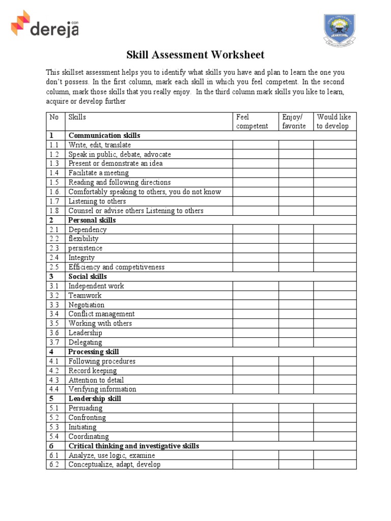 Skill Assessment Worksheet | PDF | Creativity | Critical Thinking