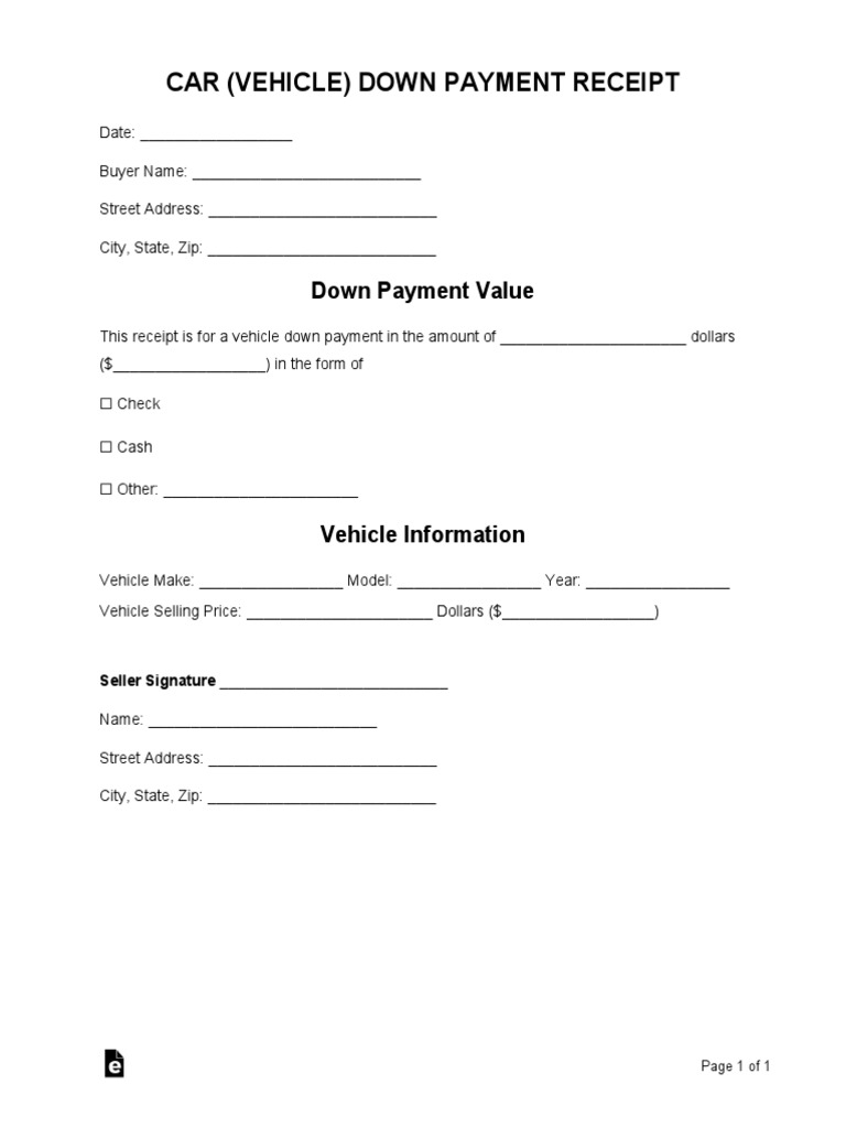 Vehicle Down Payment Receipt Template | PDF | Finance & Money Management