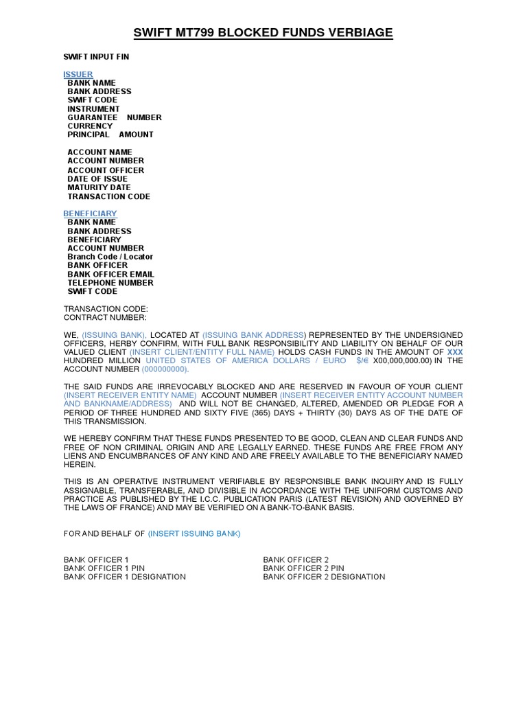Swift Mt799 Blocked Funds Verbiage: Issuer | PDF