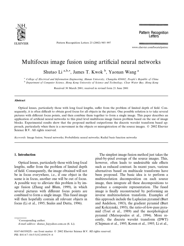 Multifocus Image Fusion Using Artificial Neural Networks: Shutao Li, James T. Kwok, Yaonan Wang ...