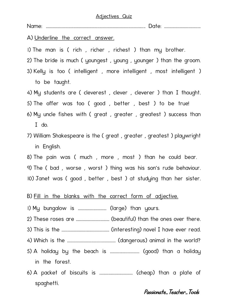 Passionate - Teacher - Tools: Adjectives Quiz | PDF | Linguistics | Grammar