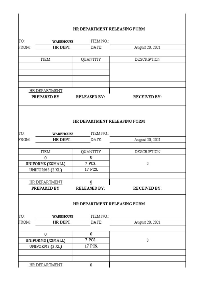 HR Department Releasing Form: TO: Item No.: From: Date: August 20, 2021 ...