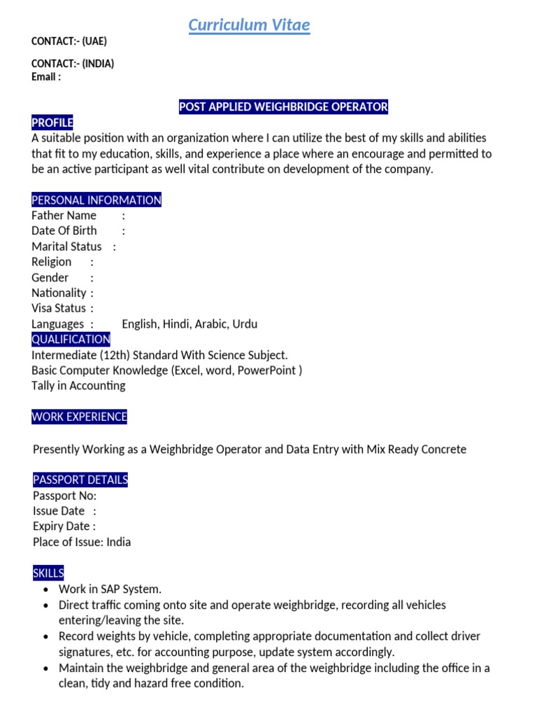 Weighbridge Operator Application Profile | PDF | Career & Growth ...