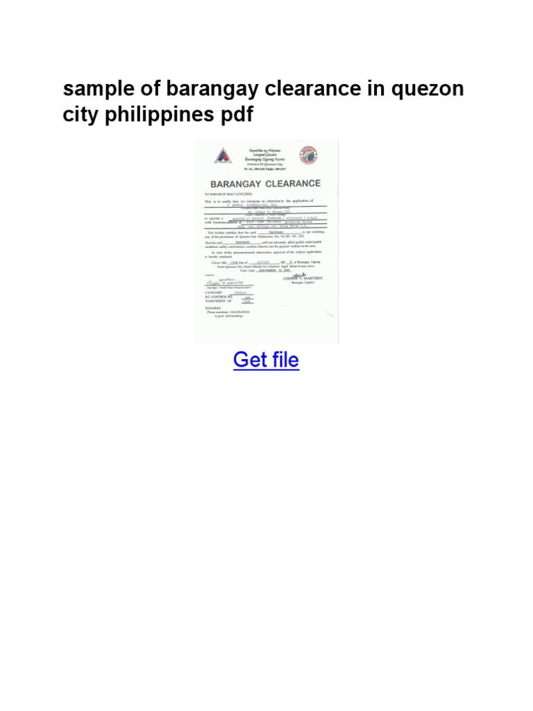 Sample of Barangay Clearance in Quezon City Philippines PDF | PDF