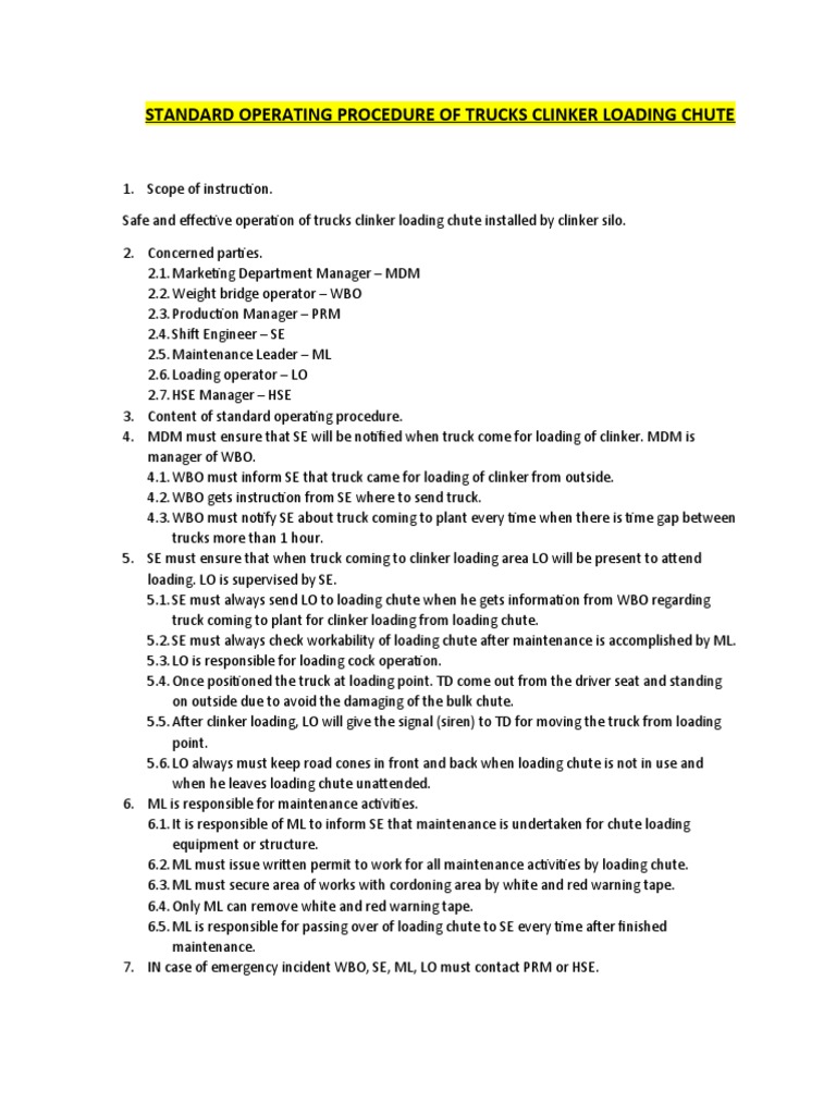 Standard Operating Procedure of Trucks Clinker Loading Chute | PDF