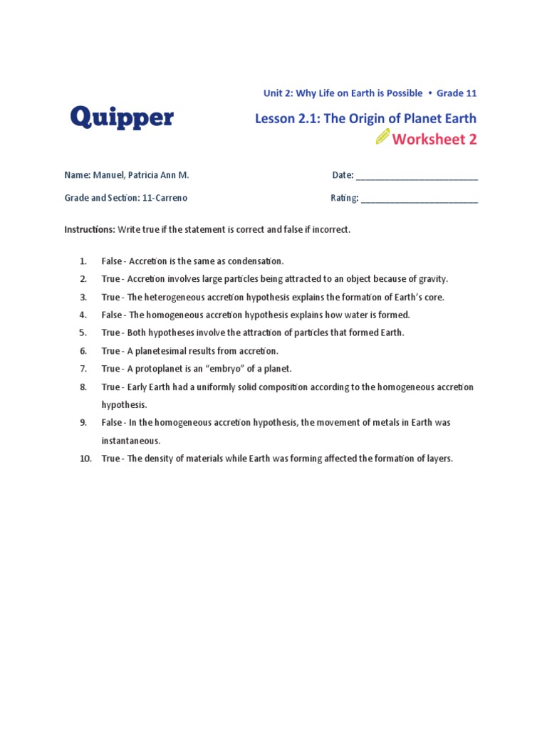 Earth Science SHS 2.1 Worksheet 2 | PDF