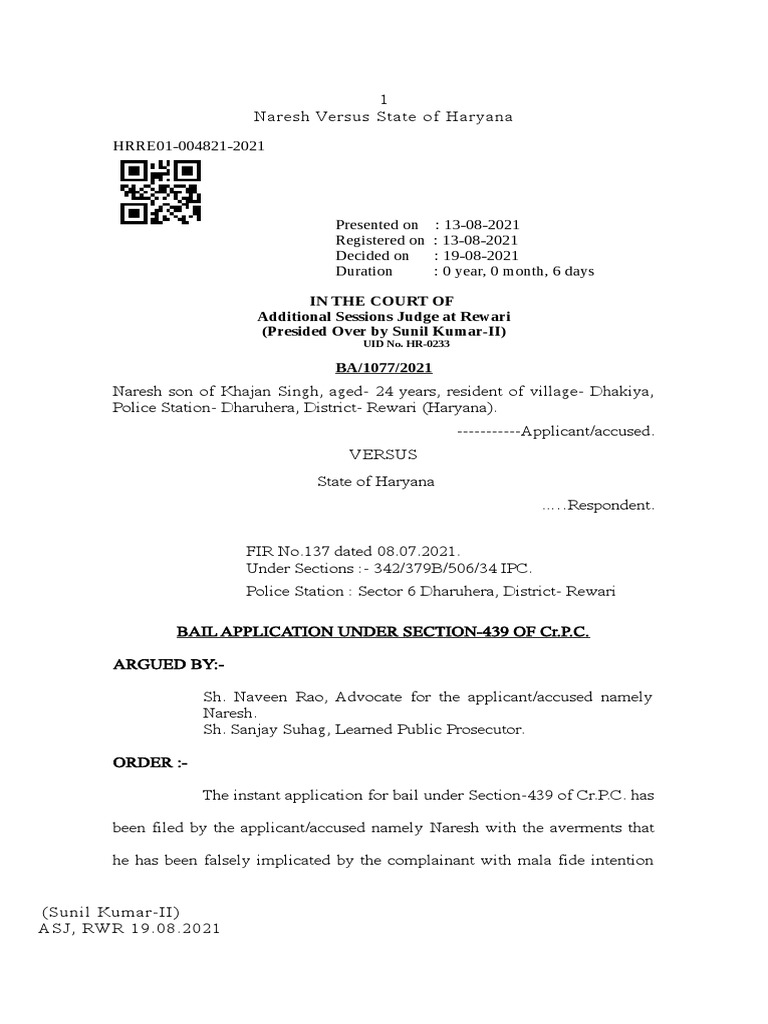 Bail Order for Naresh in IPC 379B Case | PDF | Bail | Government