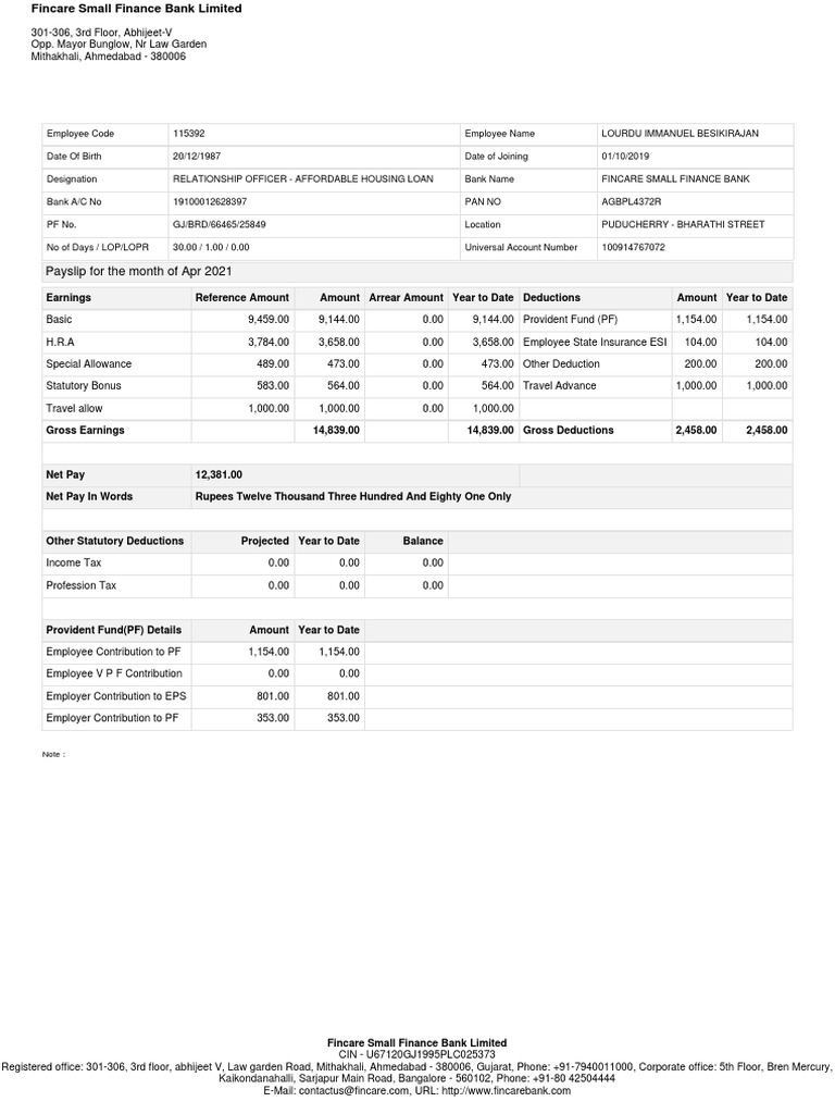 Payslip For The Month of Apr 2021: Note | PDF | Payments | Paycheck