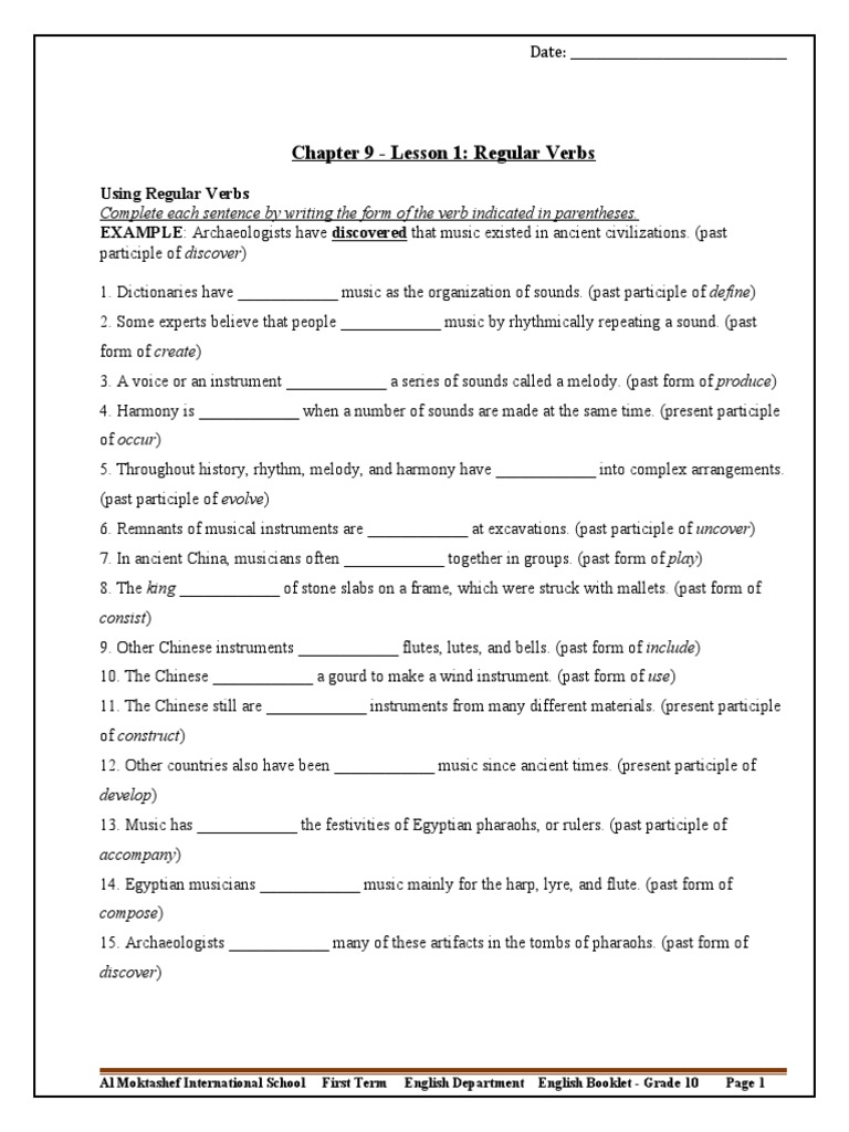 Chapter 9 - Lesson 1: Regular Verbs | PDF | Musical Instruments