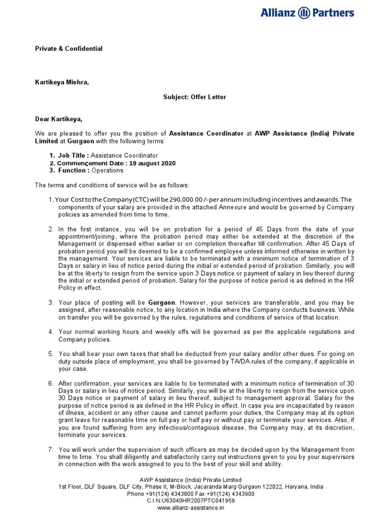 Kartikeya Offer Letter Azm | PDF | Salary | Employment