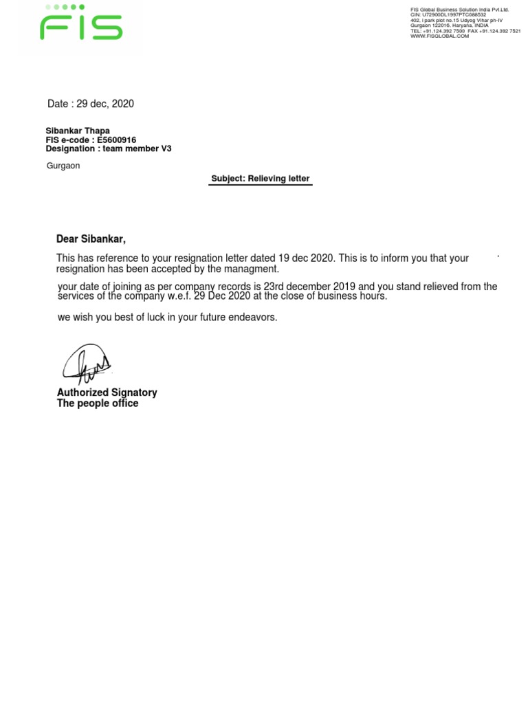 FIS Global Relieving Letter | PDF