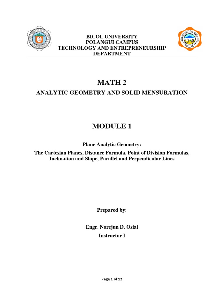 Analytic Geometry Module 1 | PDF | Cartesian Coordinate System | Slope