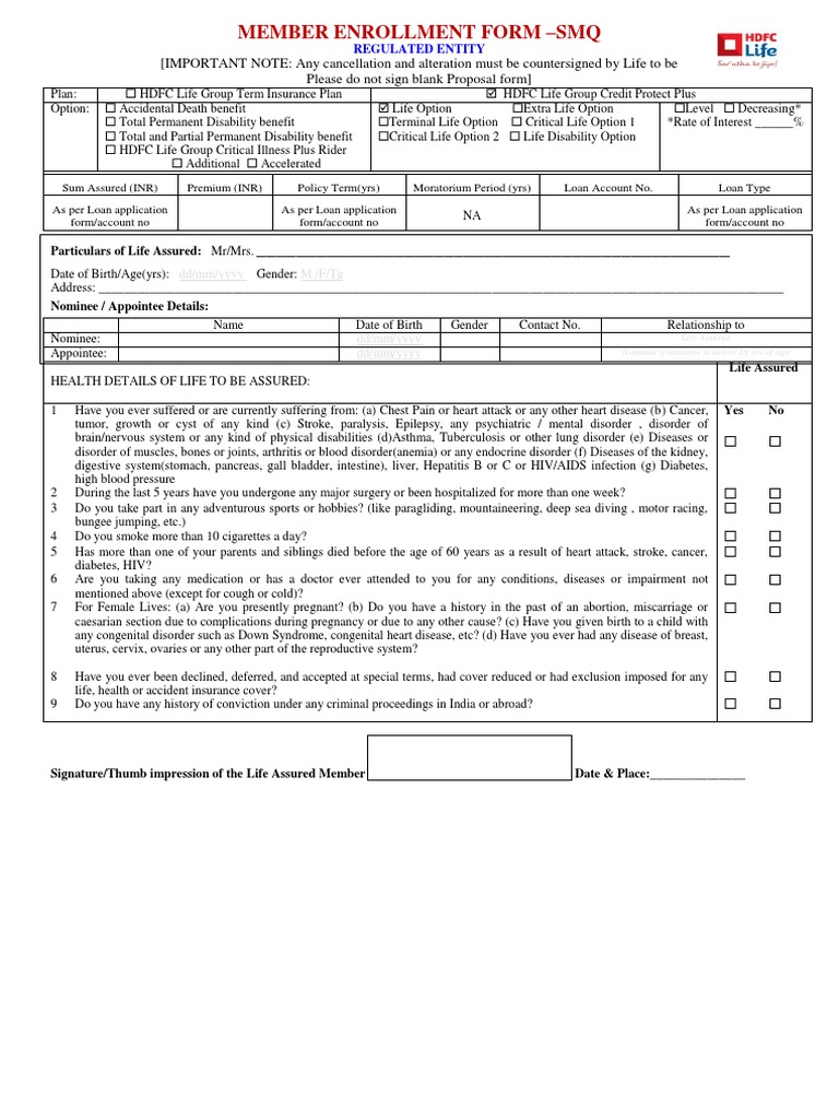 Member Enrollment Form - SMQ | Download Free PDF | Insurance | Life ...