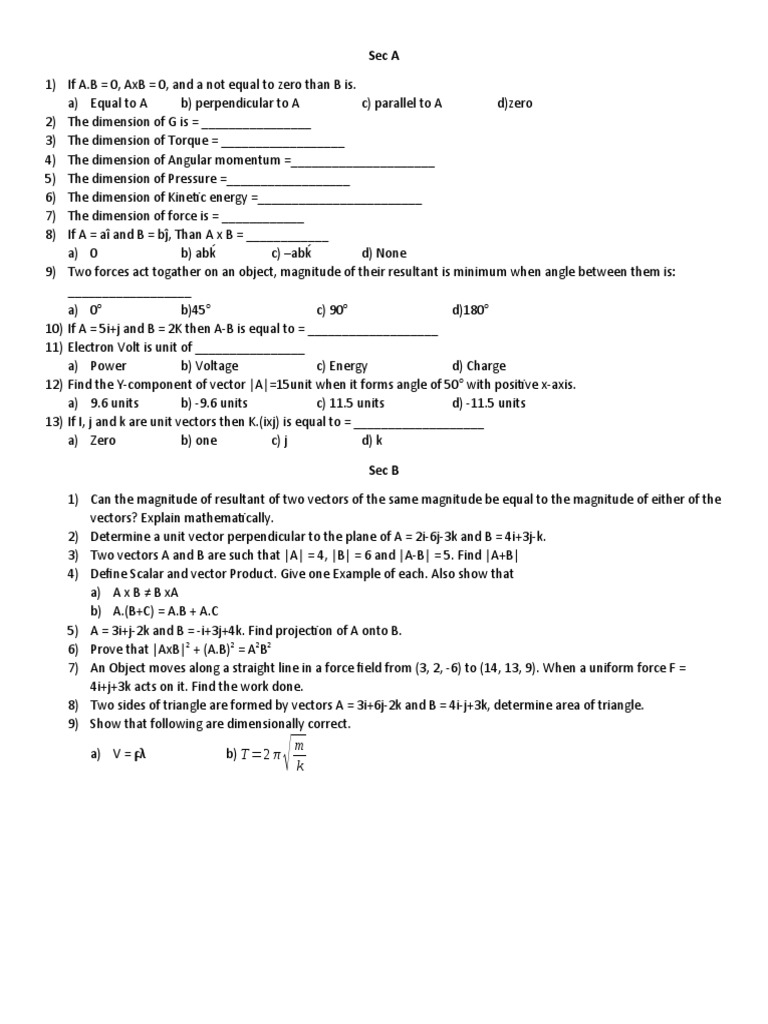 Physics Vector and Dimension Quiz | PDF | Euclidean Vector | Force