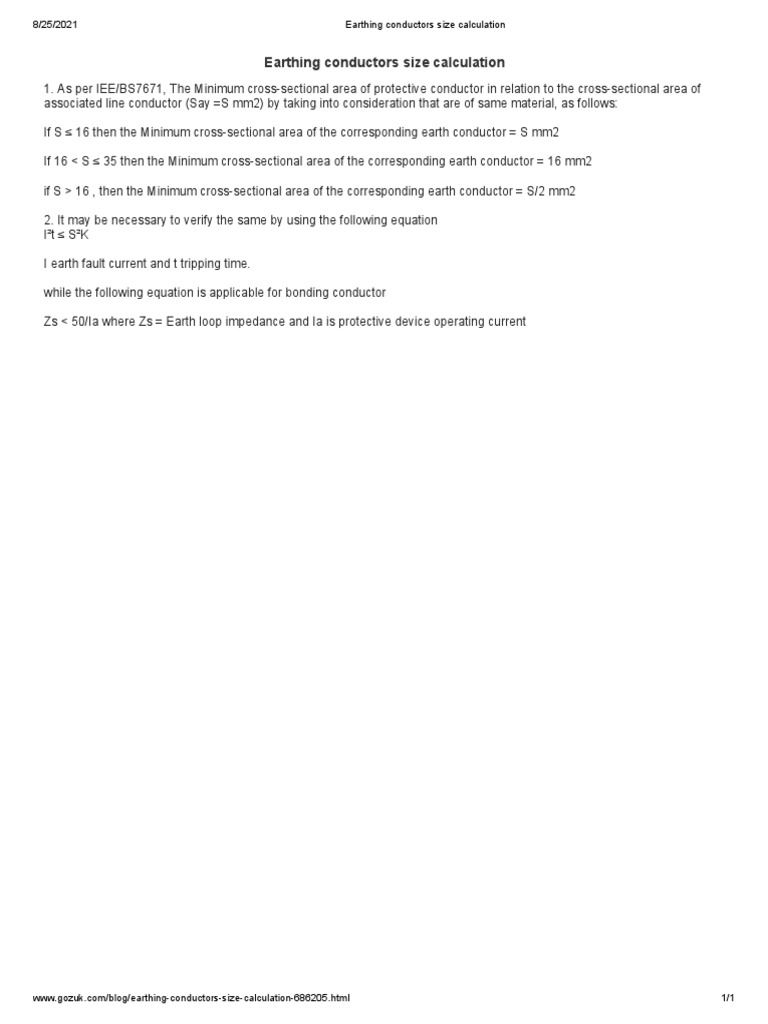 Earthing Conductors Size Calculation | PDF