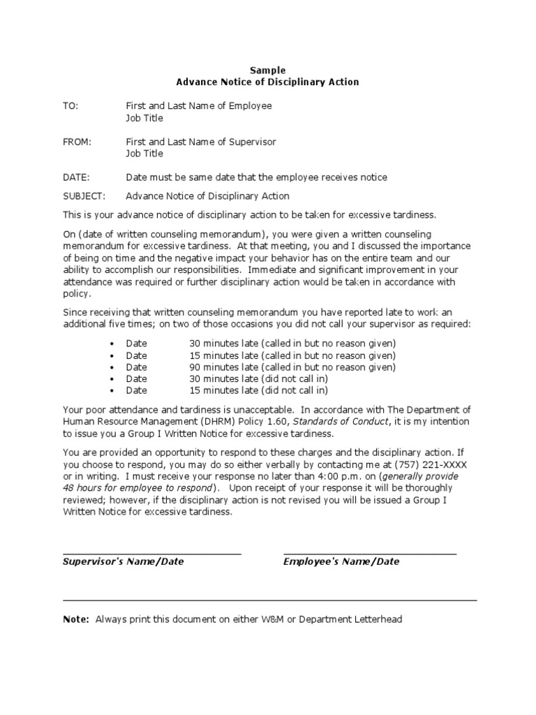 Advance Notice of Disciplinary Action Sample | PDF