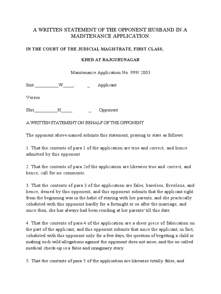 Husband's Written Statement in Maintenance Case | PDF | Social ...