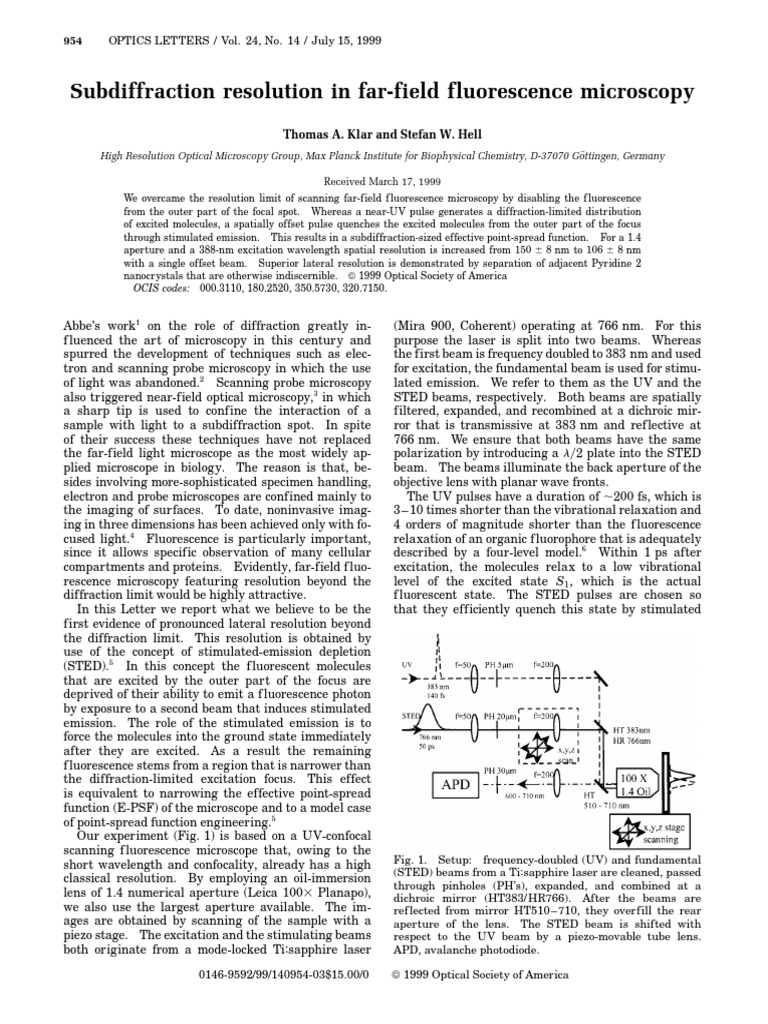 Subdiffraction Resolution in Far-Field Fluorescence Micros | PDF | Microscopy | Angular Resolution