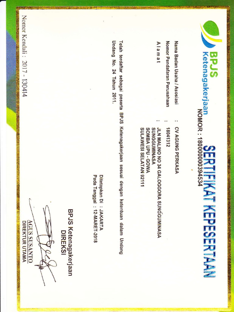 Sertifikat BPJS Ketenagakerjaan CV Agung Perkasa | PDF