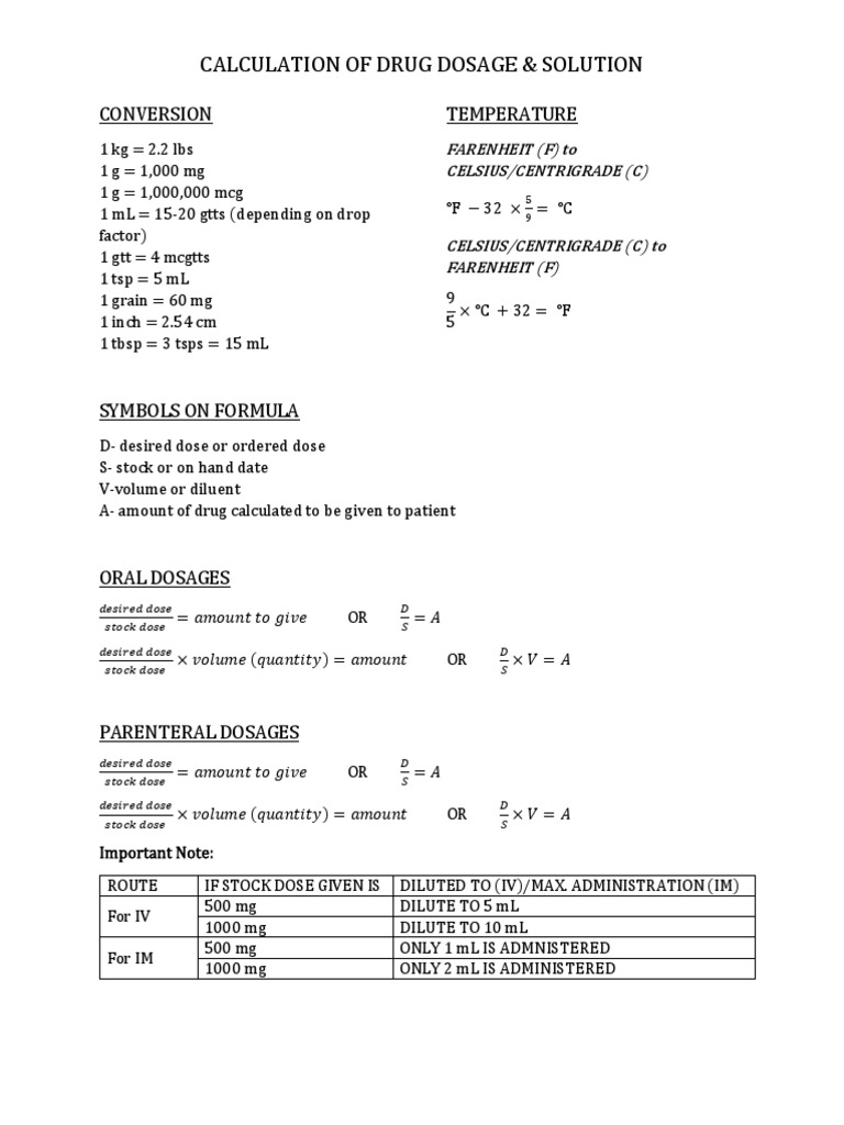 Calculation of Drug Dosage & Solution: Conversion Temperature | PDF ...