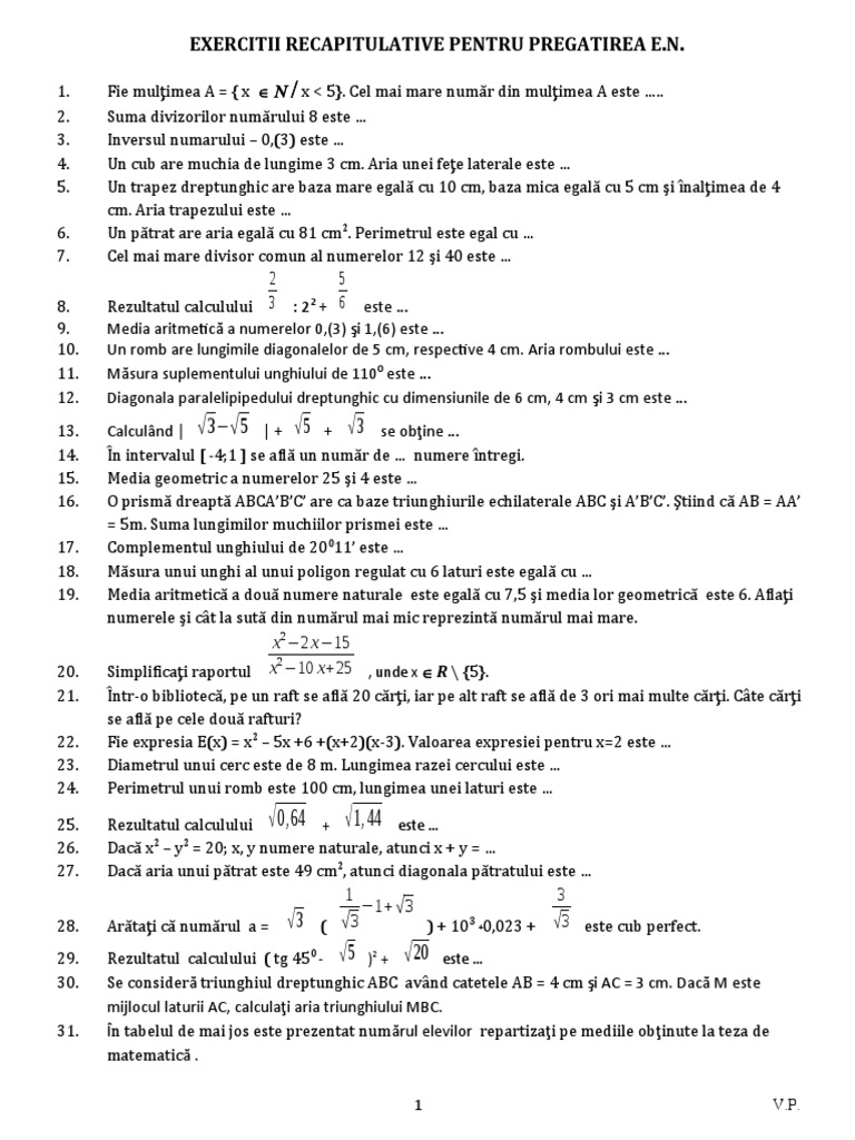 288 Exercitii Recapitulative Pentru Pregatirea E.n.vp | PDF
