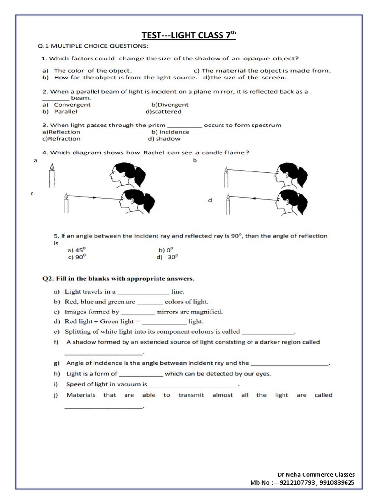TEST - LIGHT CLASS 7th | PDF